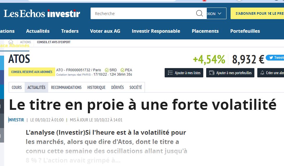 Le titre en proie à une forte volatilité (Investir) - Blog Atos Bourse